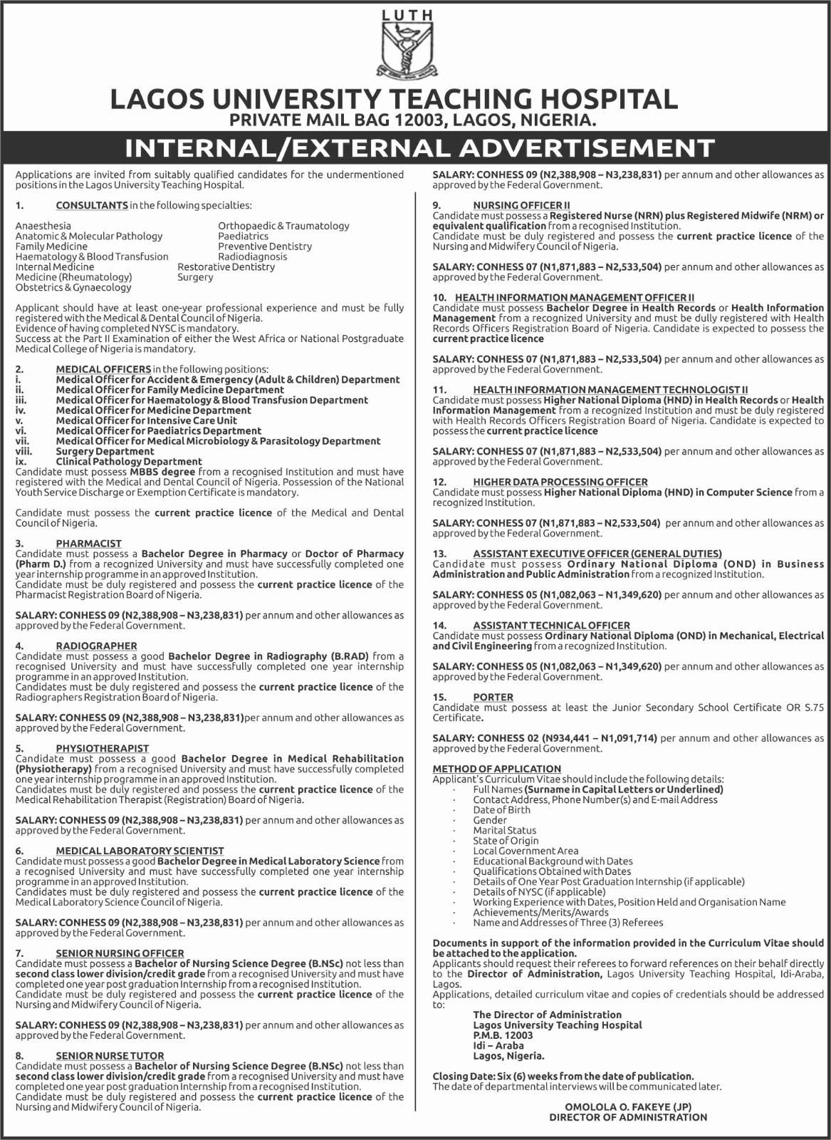 Recruitment at The Lagos University Teaching Hospital (LUTH) – Gistcore ...