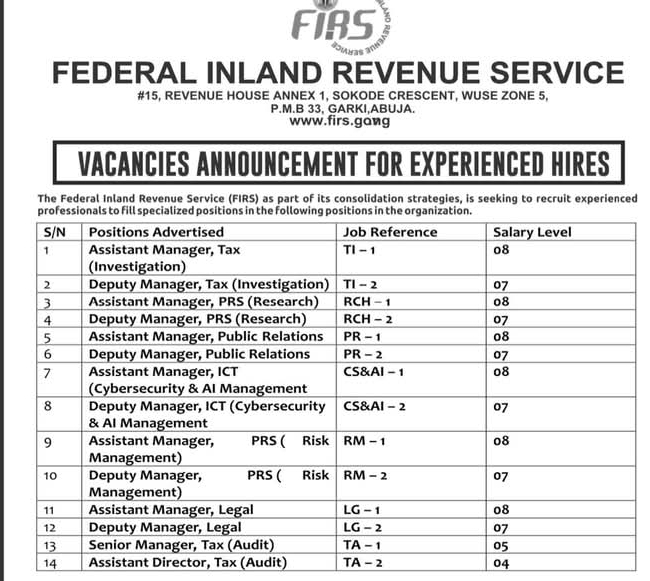 Fresh Recruitment Federal Inland Revenue Service 2024 - Gistcore media
